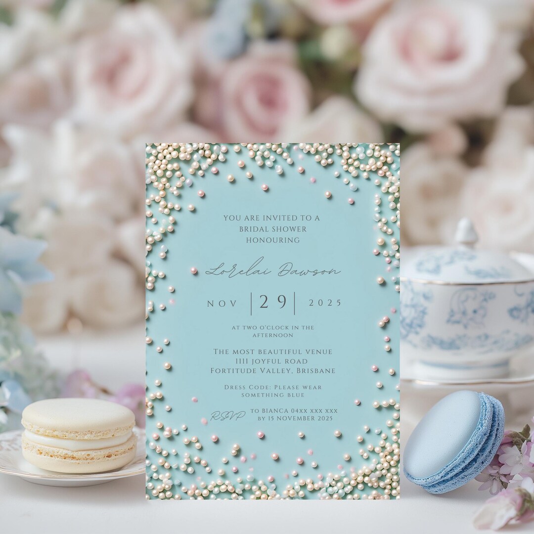 Elegant Editable Pale Blue Confetti Pearl Bridal Shower Invitation ...