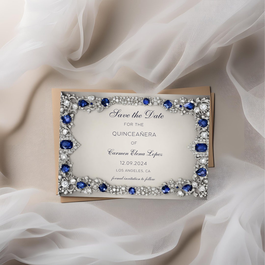 Elegant Sapphire and Diamond Quinceanera Save the Date Template, Modern ...