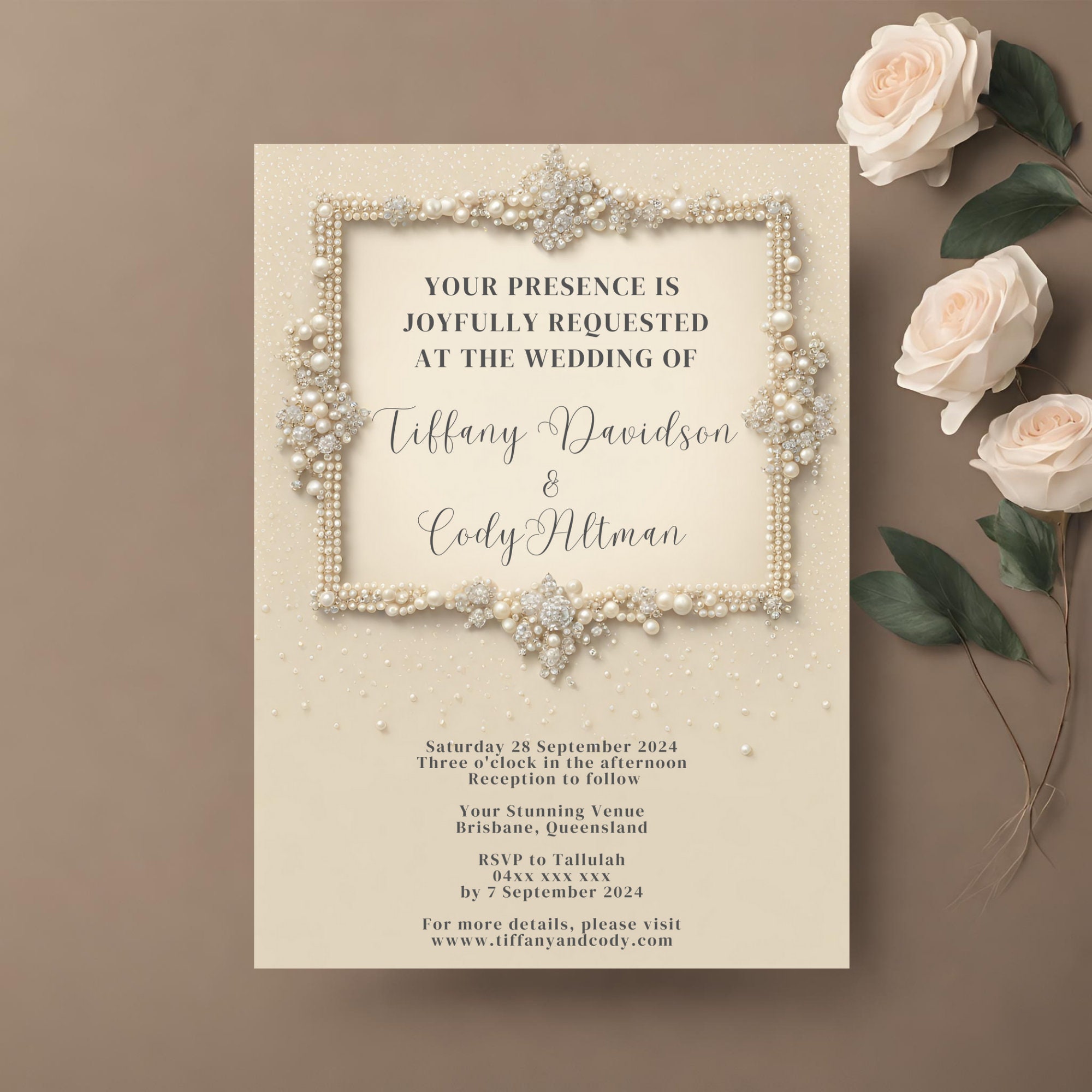 Elegant Editable Pearl and Crystal Wedding Invitation Template Single ...