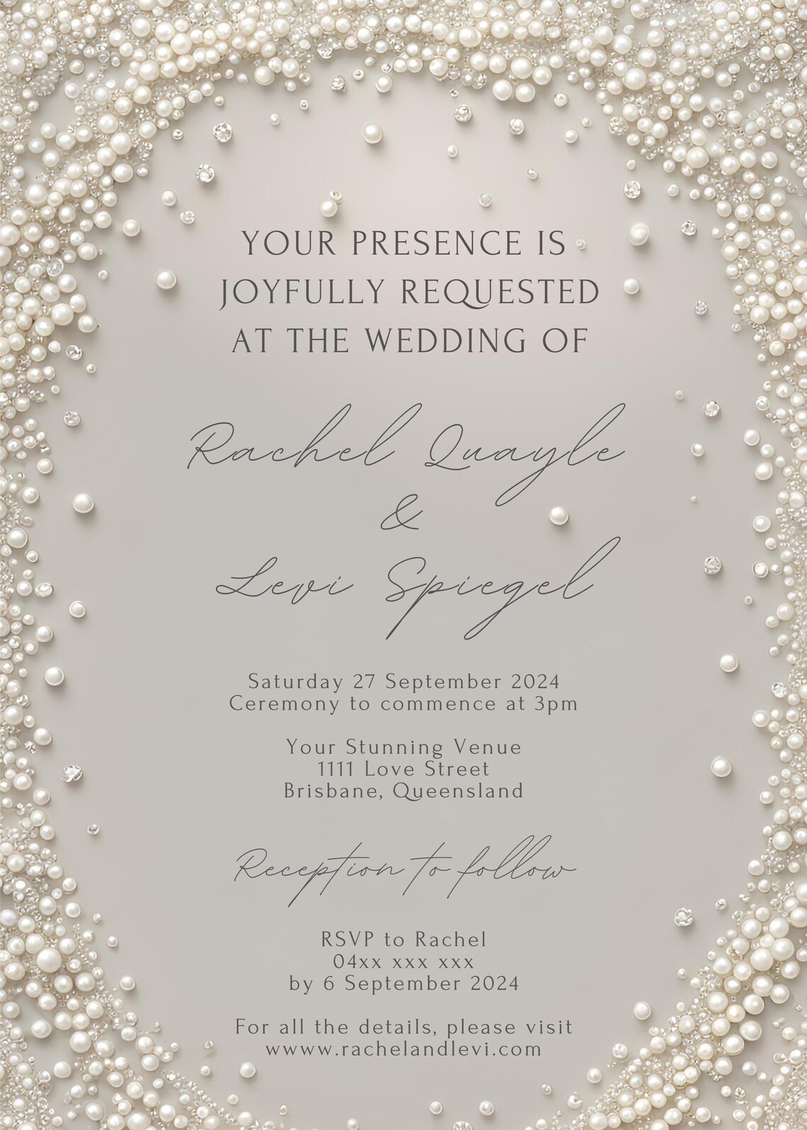 Elegant Editable Pastel Blush Pearls With Diamonds Single Page Wedding ...