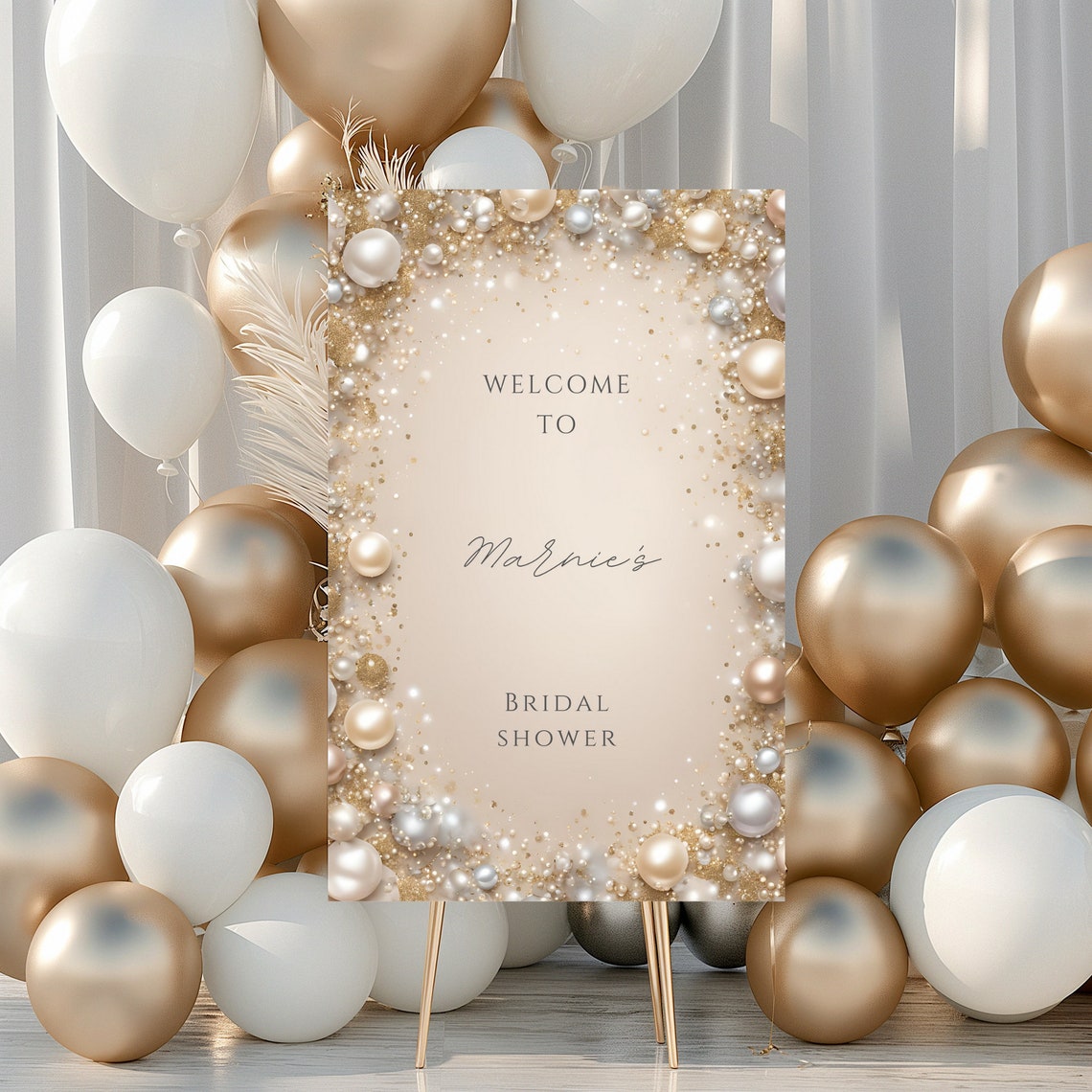 Elegant Editable Champagne Glitter Pearl Bridal Shower Welcome Sign ...
