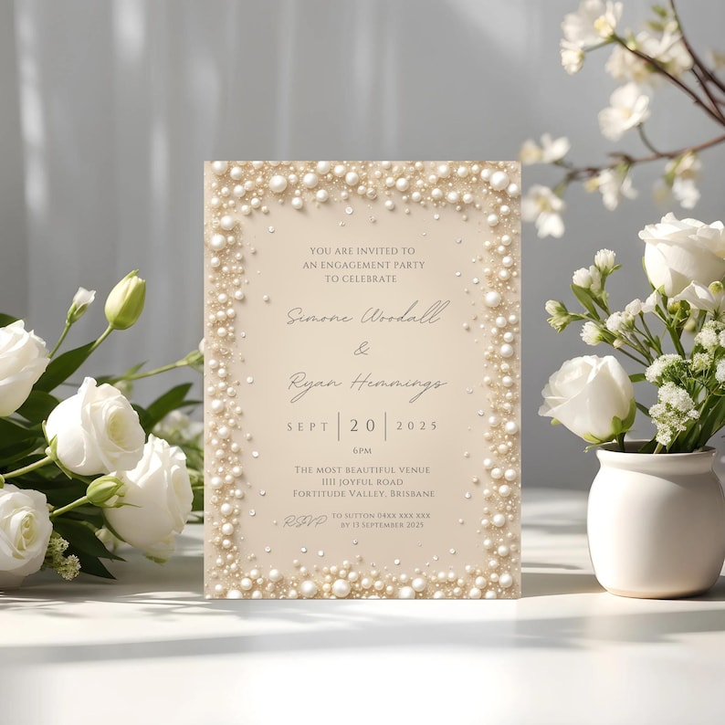 Elegant Editable Cream Confetti Pearl Engagement Party Invitation ...