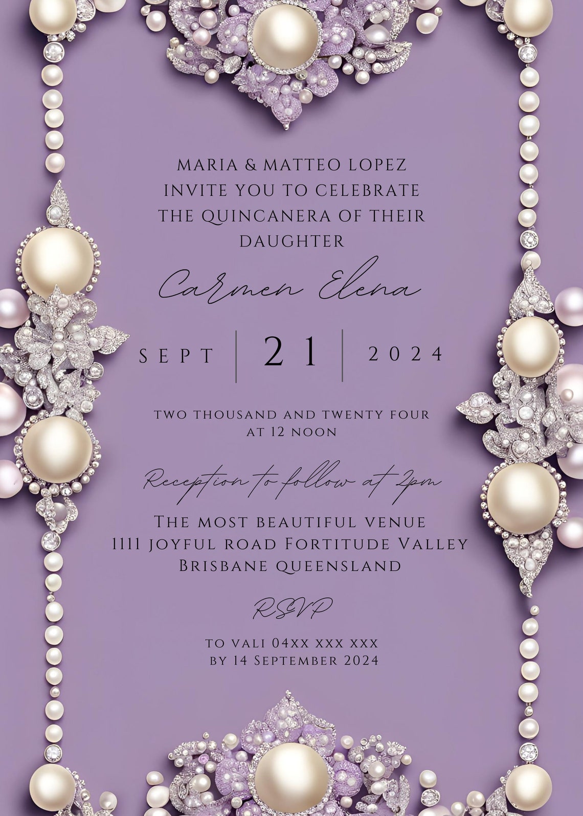Elegant Mauve Diamonds and Pearls Quinceanera Invitation Template ...
