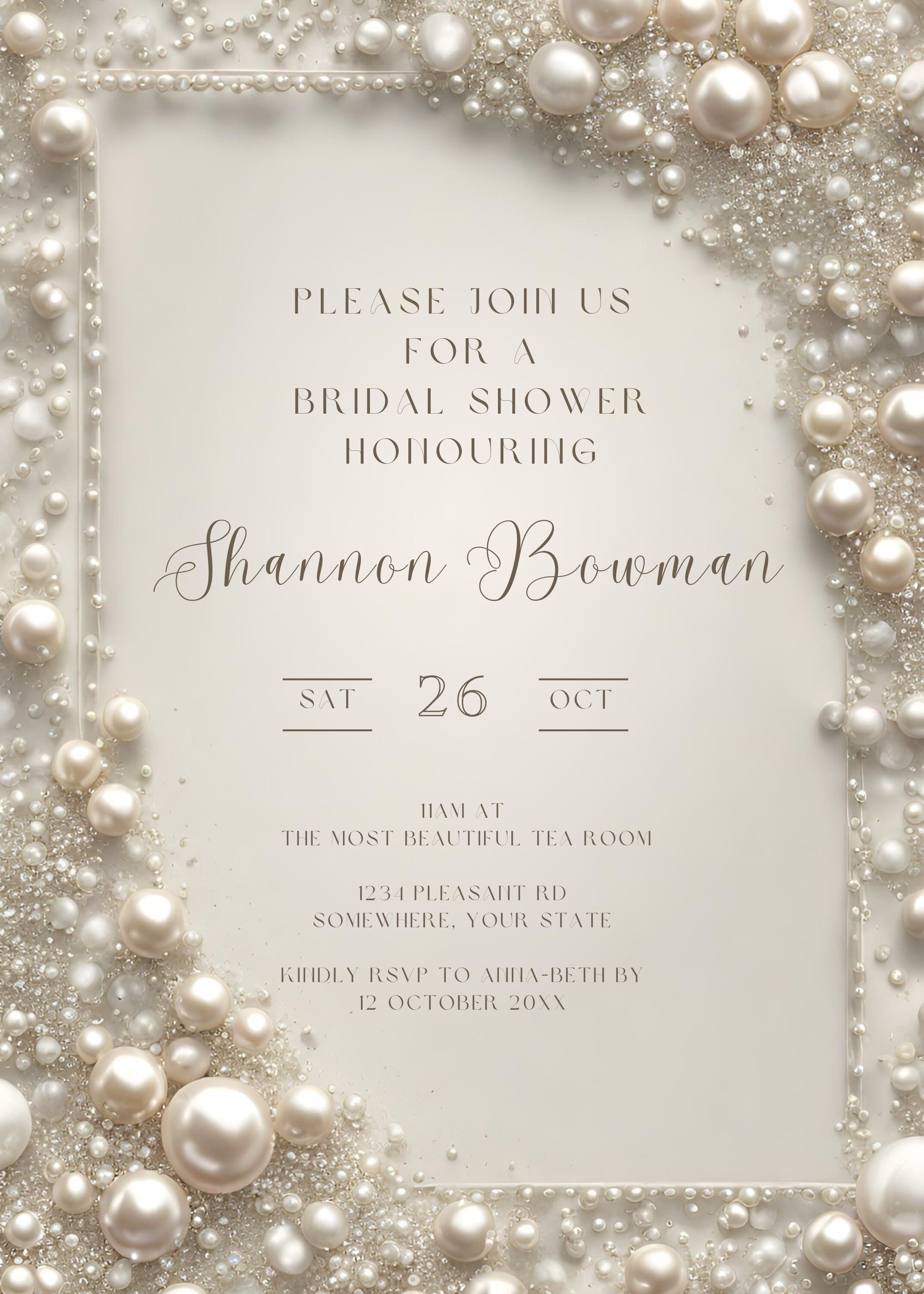Elegant Editable Cream Diamonds and Pearls Bridal Shower Invitation ...