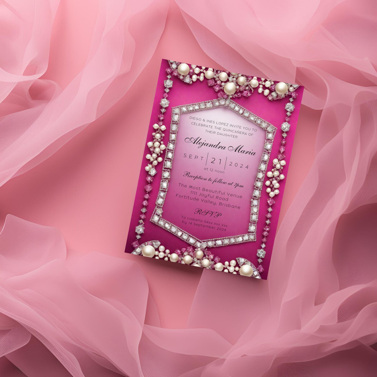 Elegant Hot Pink Diamonds and Pearls Quinceañera Invitation Template ...