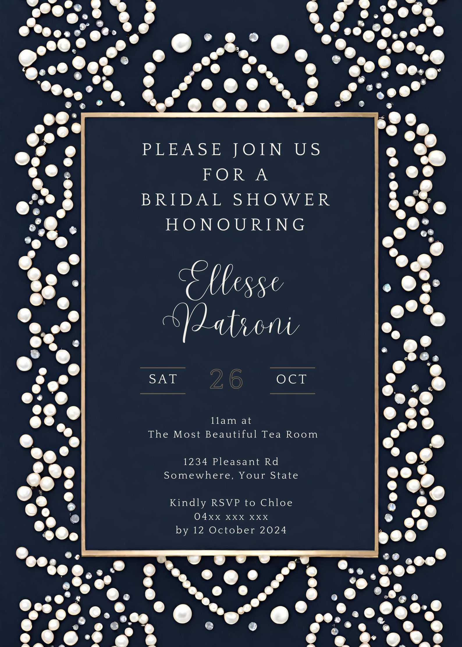 Navy Blue Pearls and Crystals Bridal Shower Invitation Template W089 ...