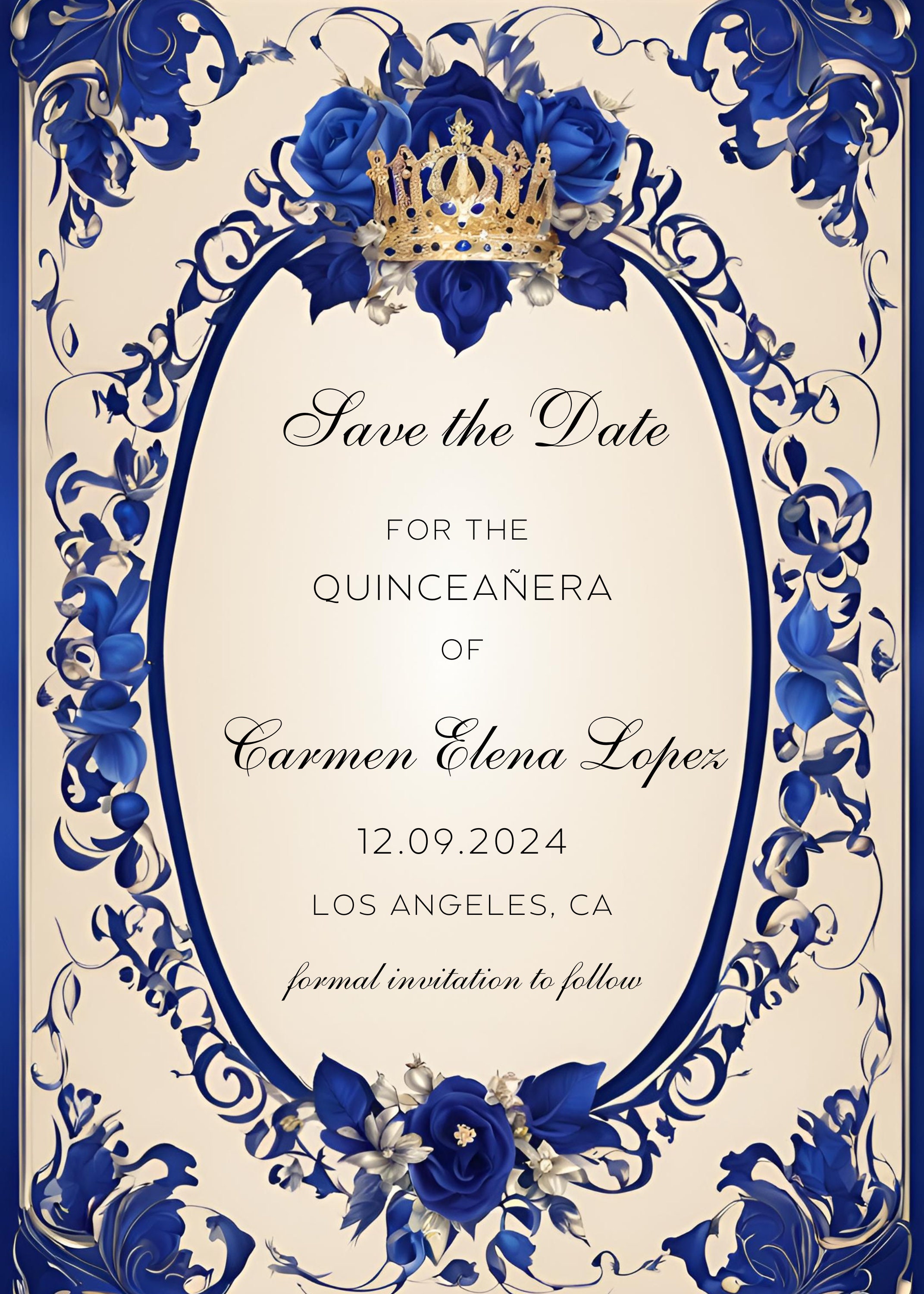 Elegant Royal Blue Crown Quinceañera Save the Date Template, Modern ...