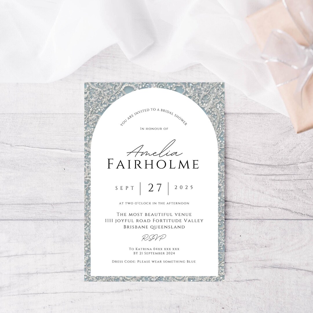 Pretty Editable Pale Blue Diamonds Arch Bridal Shower Invitation ...