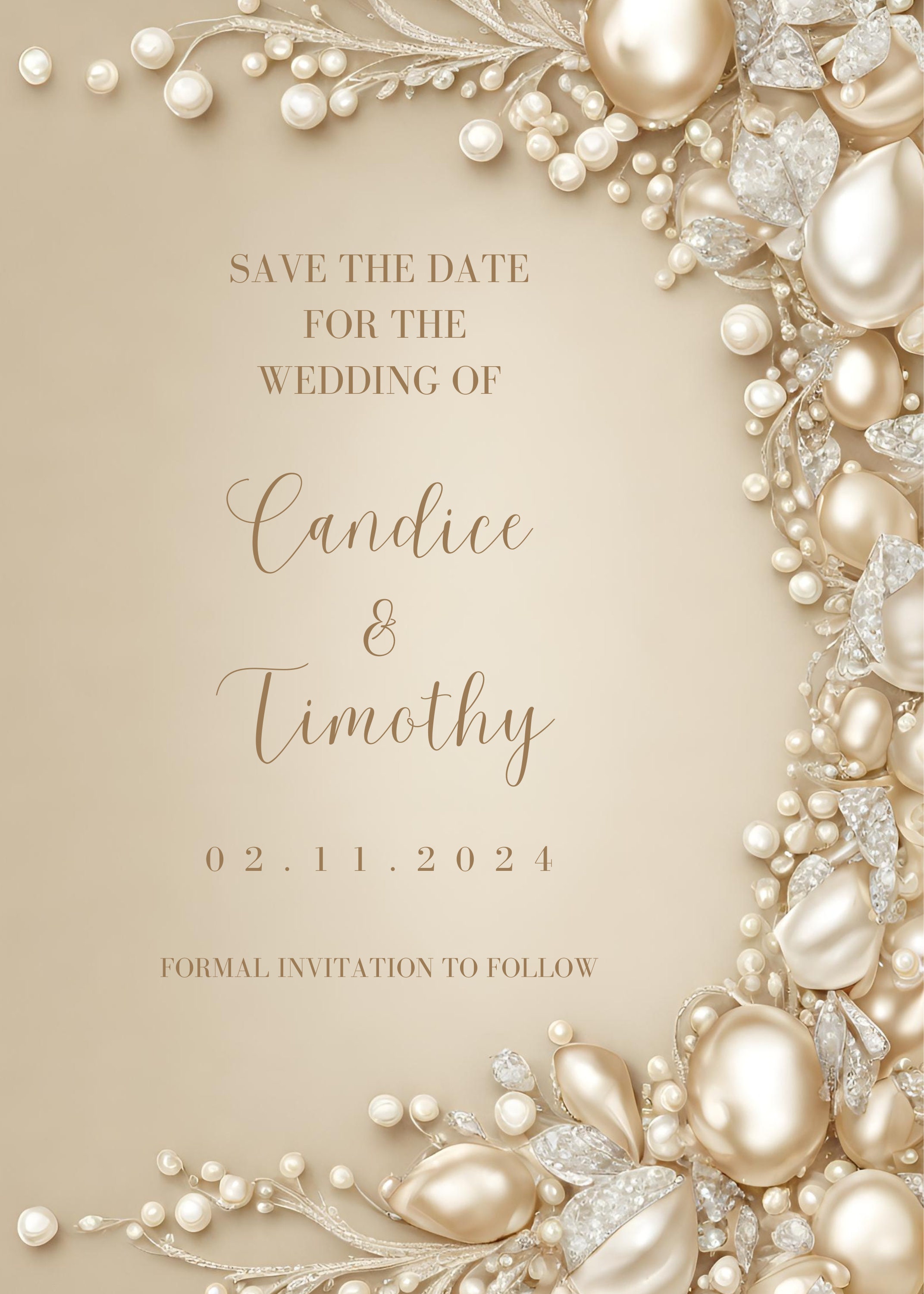 Elegant Editable Gold Pearls and Crystals RHS Border Wedding Save the ...