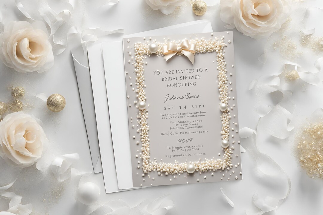 Elegant Editable Pearl Bow Frame Bridal Shower Invitation Template W160 ...