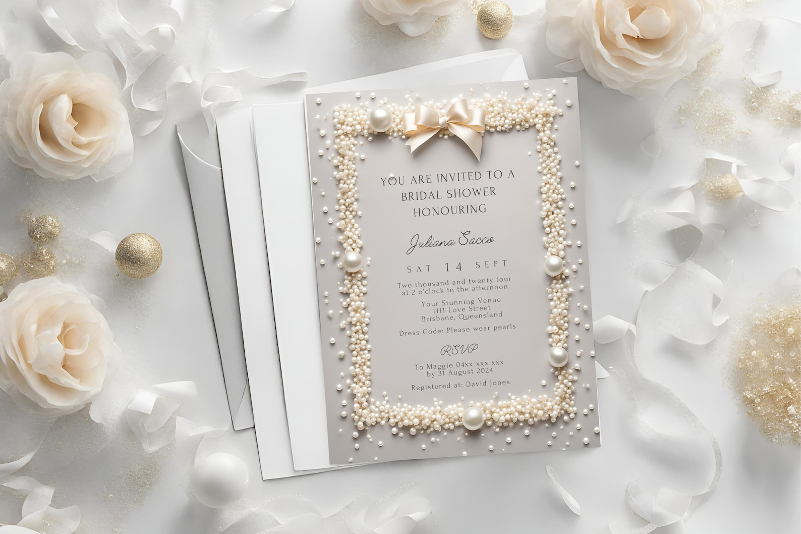 Elegant Editable Pearl Bow Frame Bridal Shower Invitation Template W160 ...