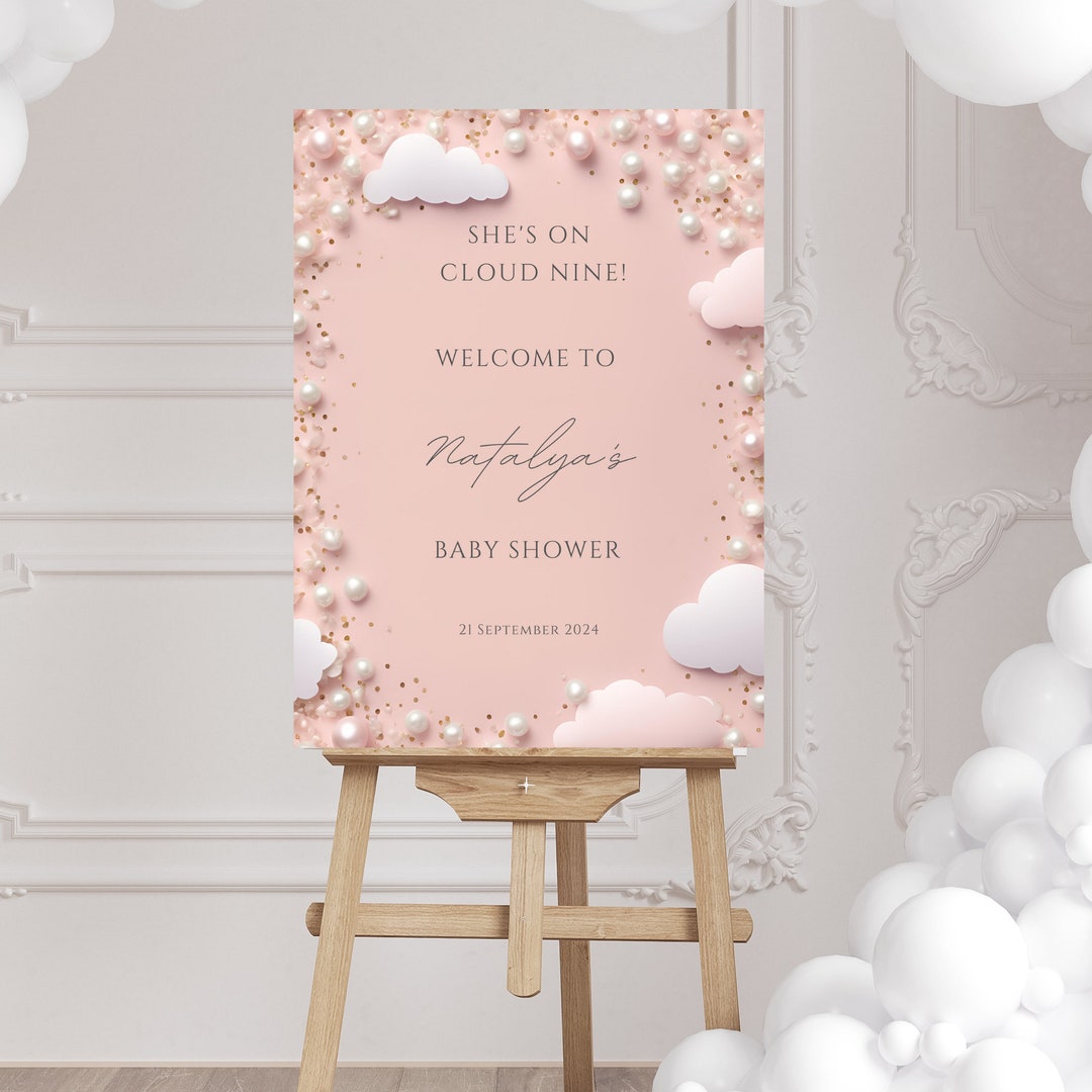 Elegant Editable Pink and White Pearl Cloud Nine Baby Shower Welcome ...