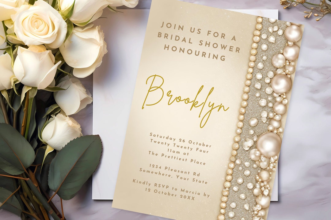 Elegant Editable Gold Glitter Pearls Bridal Shower Invitation Template ...