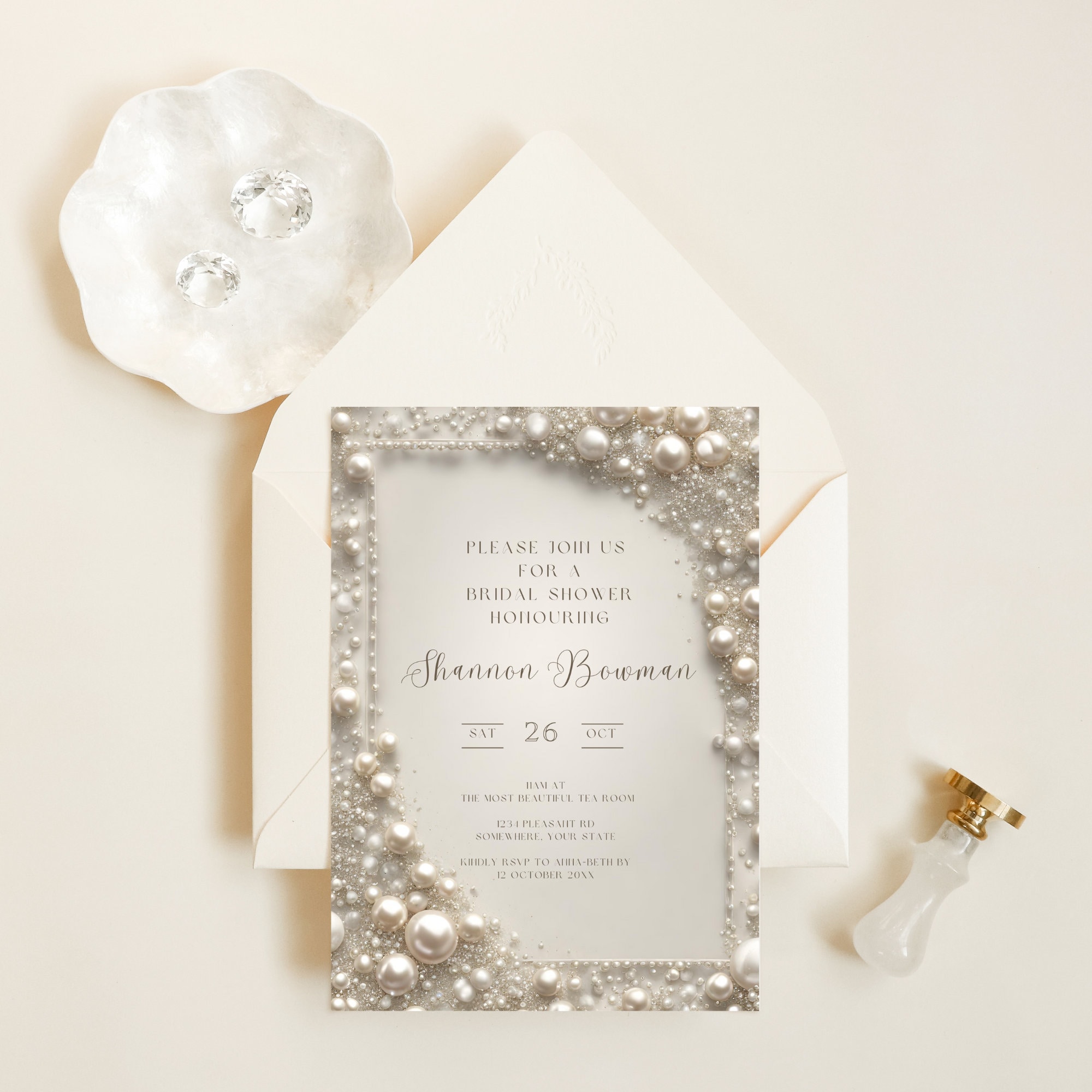 Elegant Editable Cream Diamonds and Pearls Bridal Shower Invitation ...