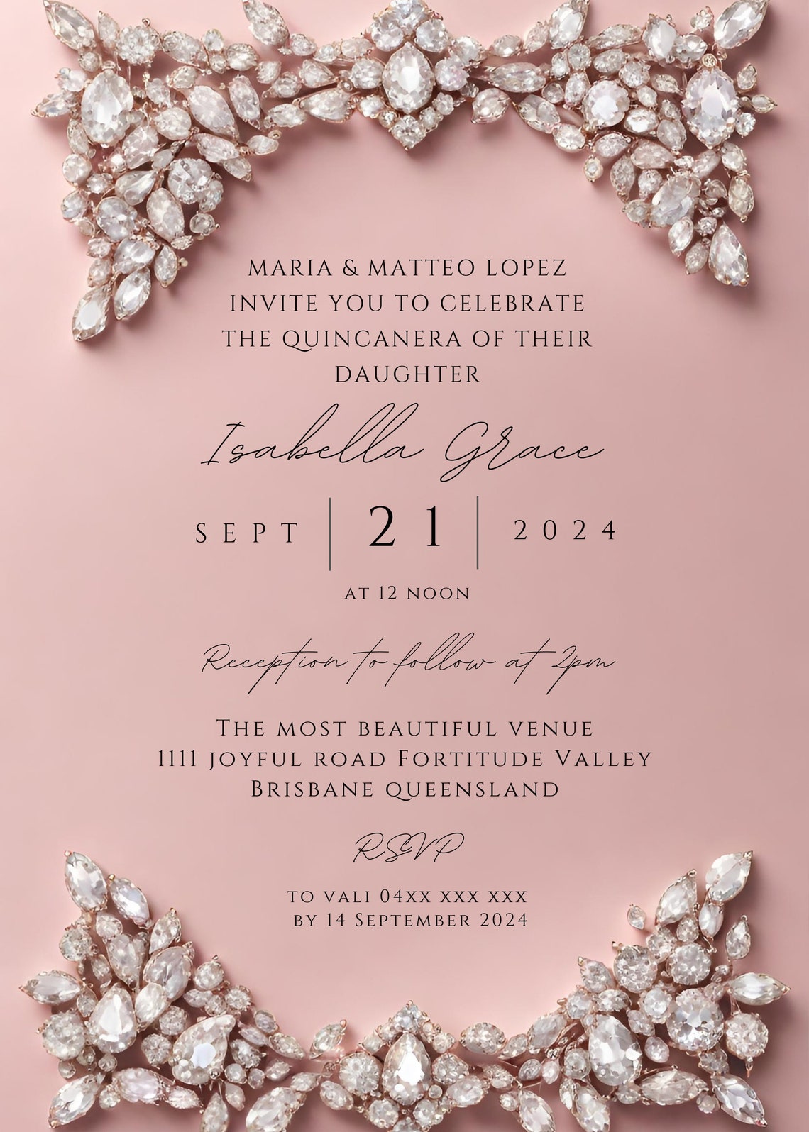 Elegant Pink With Diamonds Quinceanera Invitation Template, Modern ...