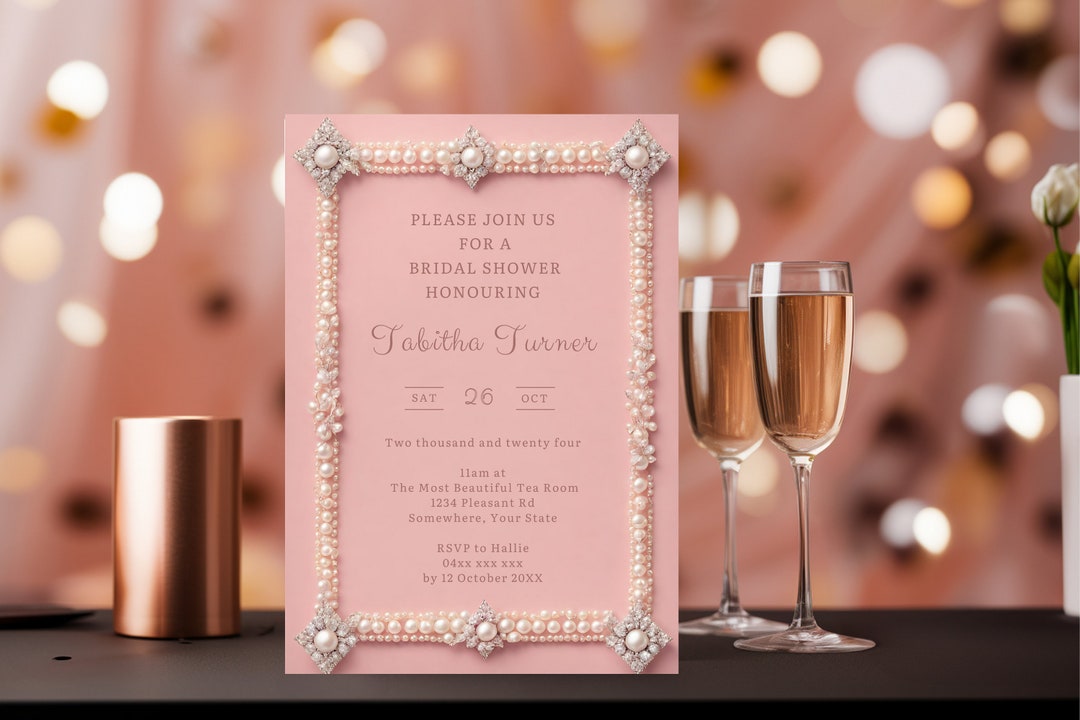 Elegant Editable Pink Pearls With Diamonds Bridal Shower Invitation ...