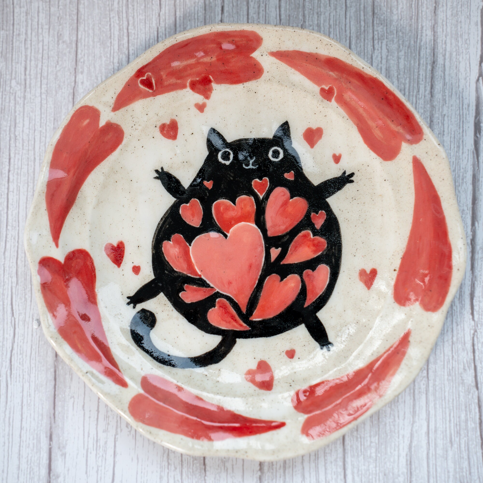 Hearts Aflutter Cat Love Dish Black Cute Cat Ceramic Plate Handmade ...