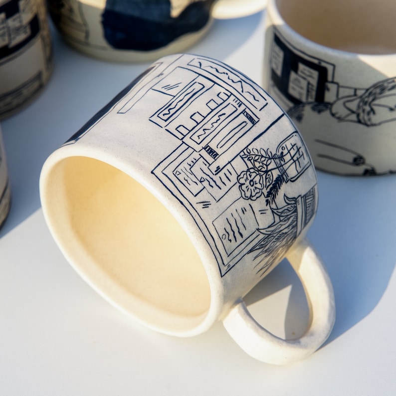 Ceramic Coffee Mugs With Cat Line Art Gift for Cat Lovers, Comfort Grip ...