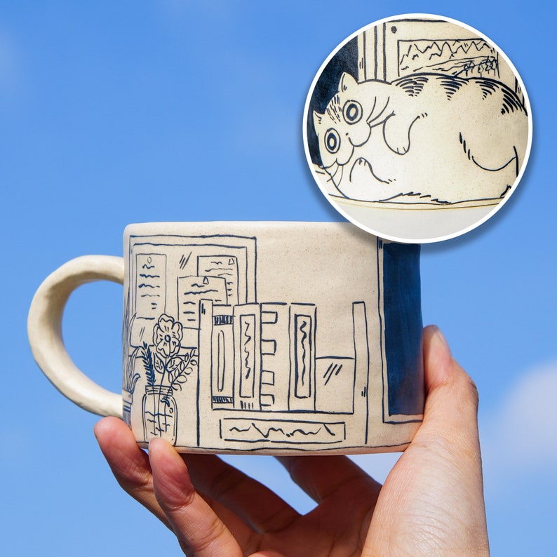 Ceramic Coffee Mugs With Cat Line Art Gift for Cat Lovers, Comfort Grip ...