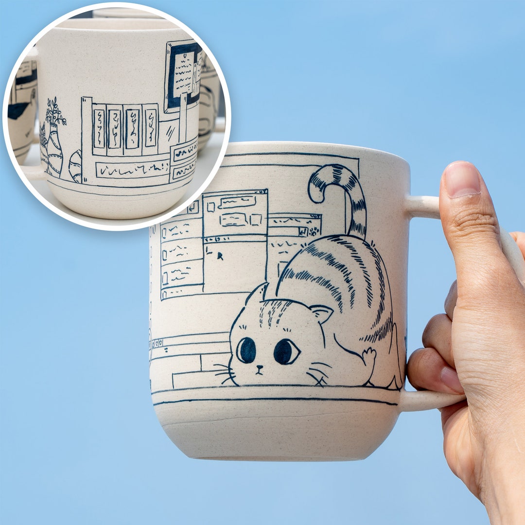 Cute Cat Coffee Mug Leisurely Cat 17oz Handmade Cat Mug Pottery Mug Cat ...