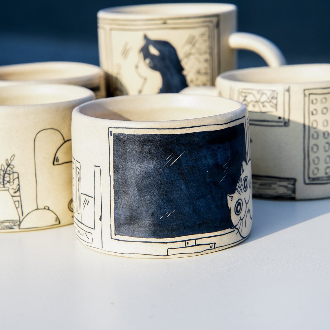 Ceramic Coffee Mugs With Cat Line Art Gift for Cat Lovers, Comfort Grip ...