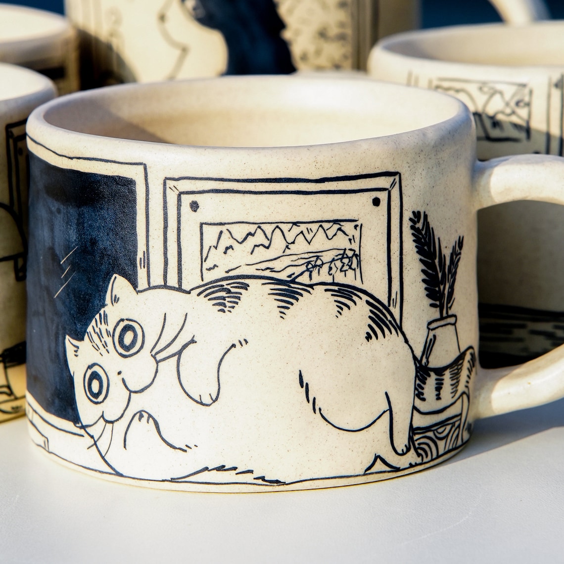Ceramic Coffee Mugs With Cat Line Art Gift for Cat Lovers, Comfort Grip ...