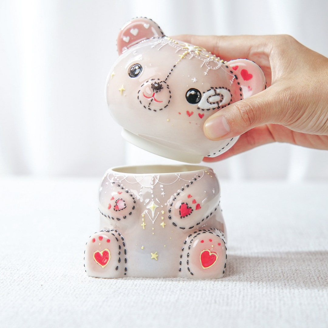 Pink Teddy Bear Ceramic Mug Handcrafted Novelty Cup With Lid, Storage ...