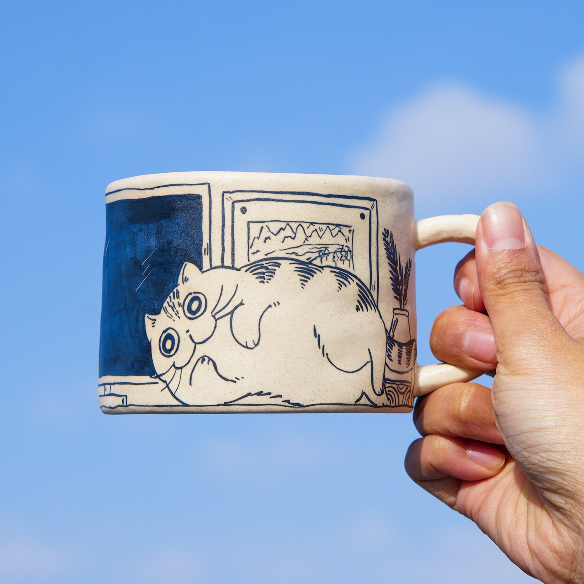 Ceramic Coffee Mugs With Cat Line Art Gift for Cat Lovers, Comfort Grip ...