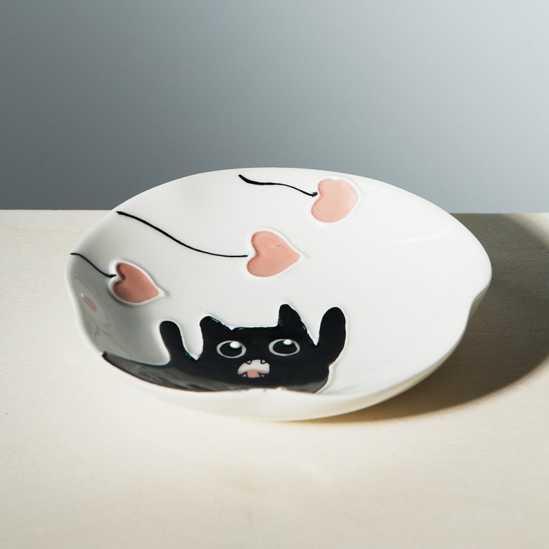 Black Cat White Ring Dish | Handmade Ceramic Dish | Cat Food Bowl ...