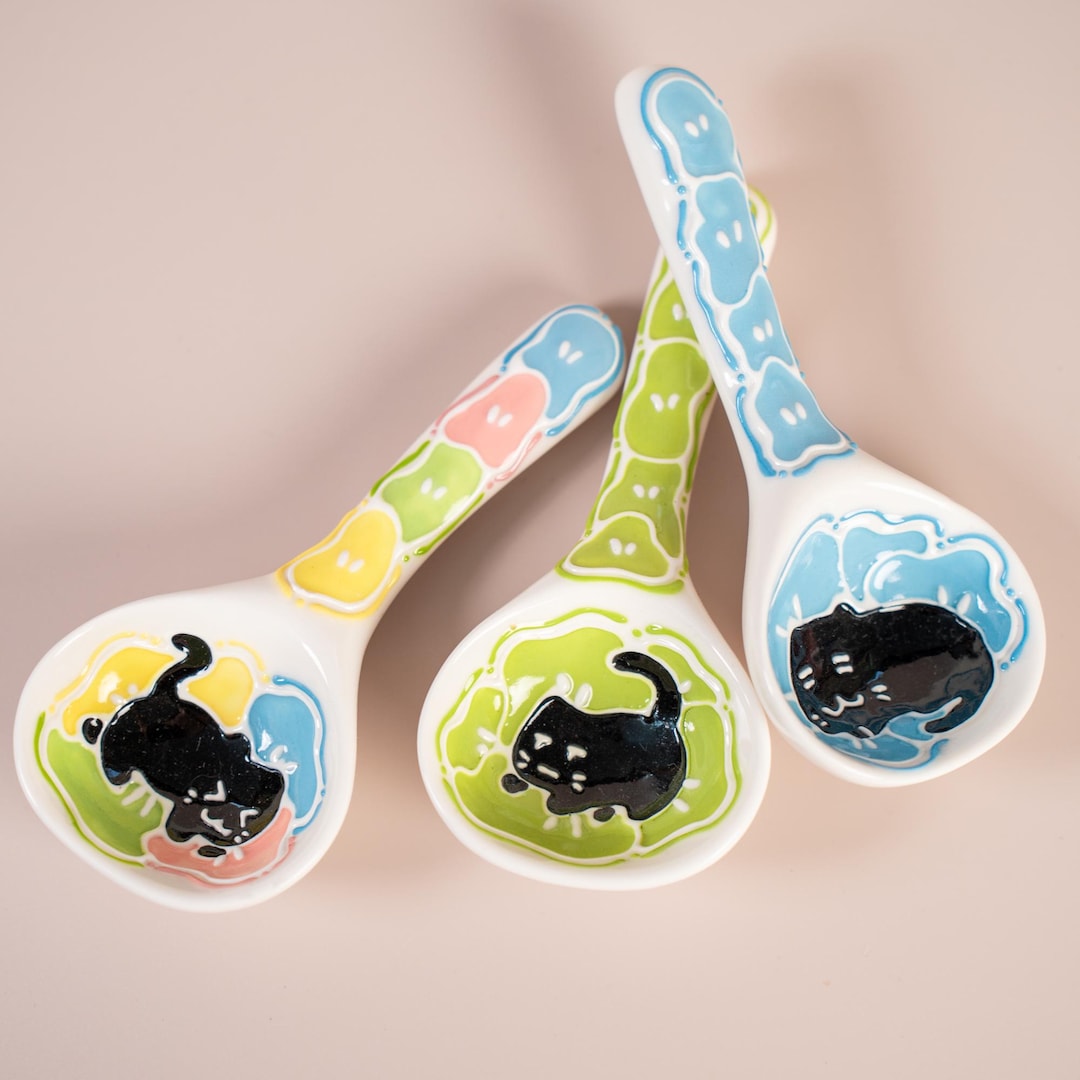 Cute Cat Ceramic Spoons 3D Black Cat Rice Spoons Handcrafted Cartoon ...