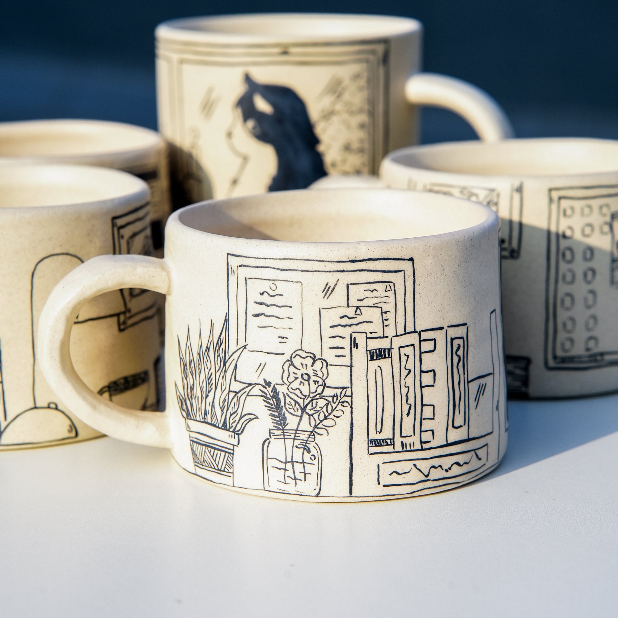 Ceramic Coffee Mugs With Cat Line Art Gift for Cat Lovers, Comfort Grip ...