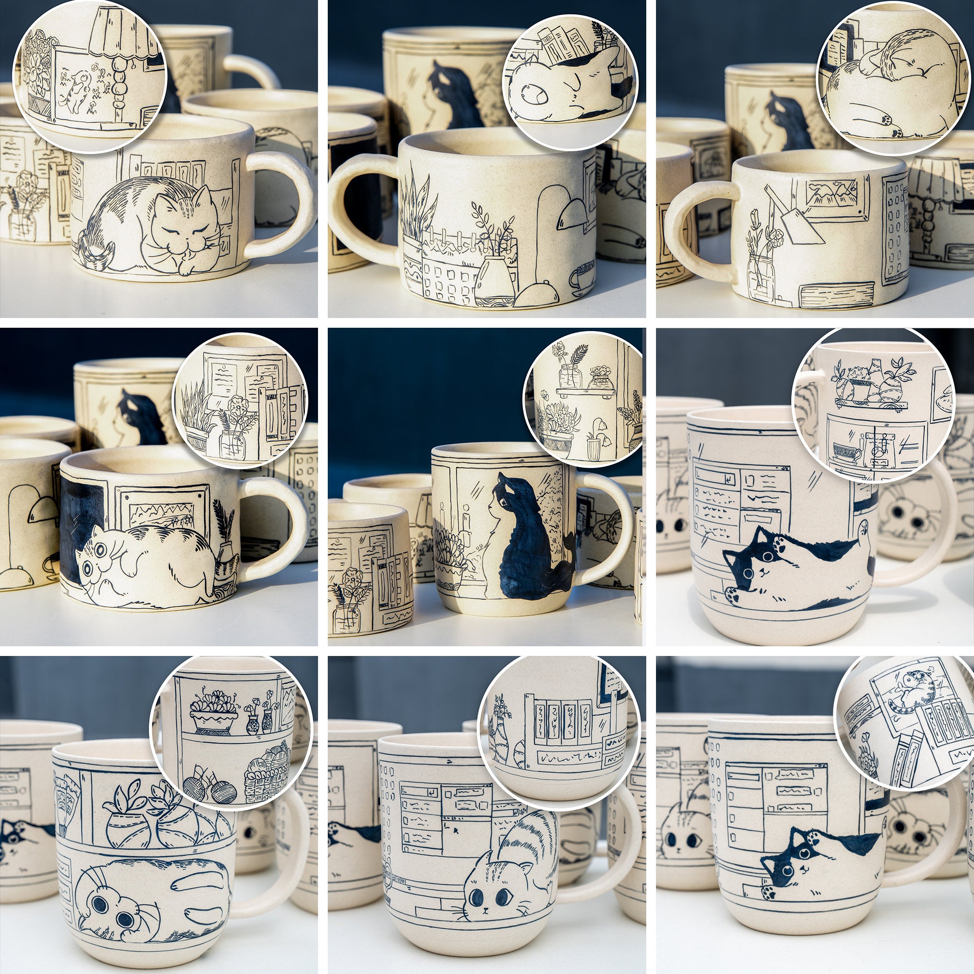 Ceramic Coffee Mugs Handpainted Cat 17ounces Handmade Cat Mug Pottery ...