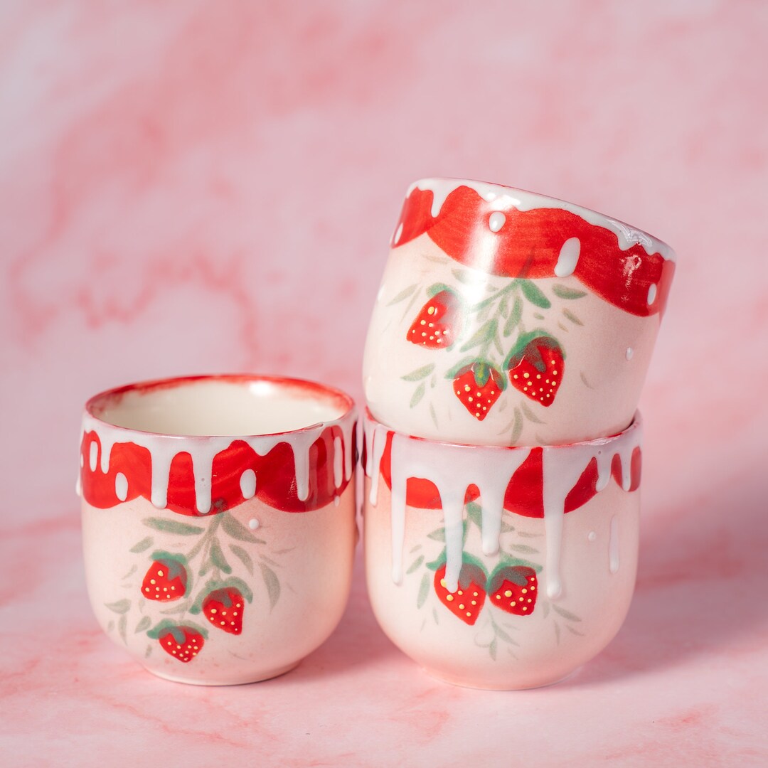Coquette Pink Strawberry Cute Cup Ceramic Handmade Fruit Coffee Cup ...
