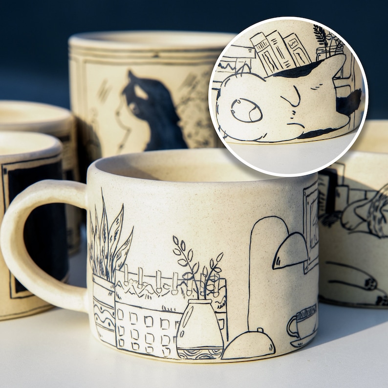 Handmade Sleepy Cat Mug Ceramic Tableware Matte Finish Unique Design ...