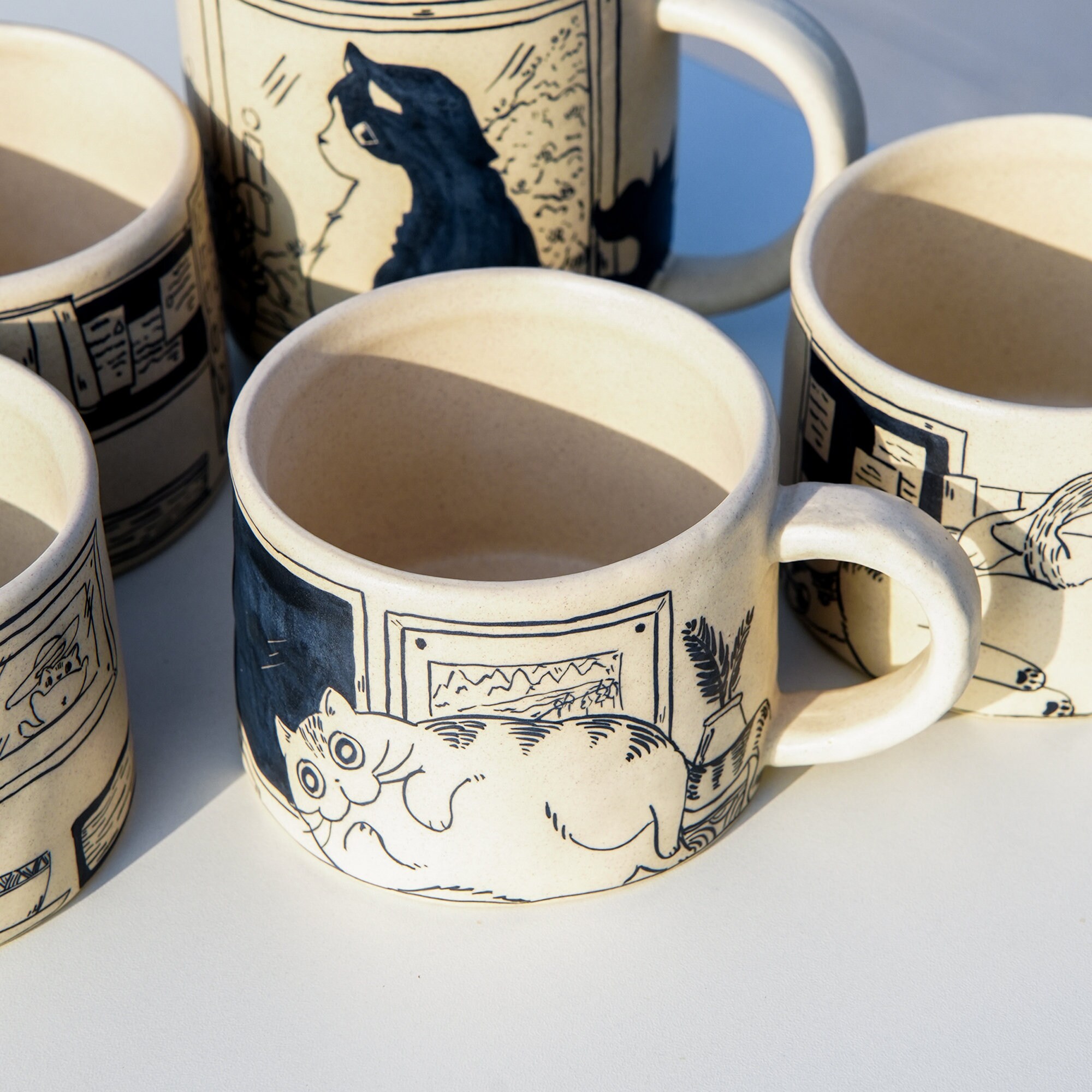 Ceramic Coffee Mugs With Cat Line Art Gift for Cat Lovers, Comfort Grip ...