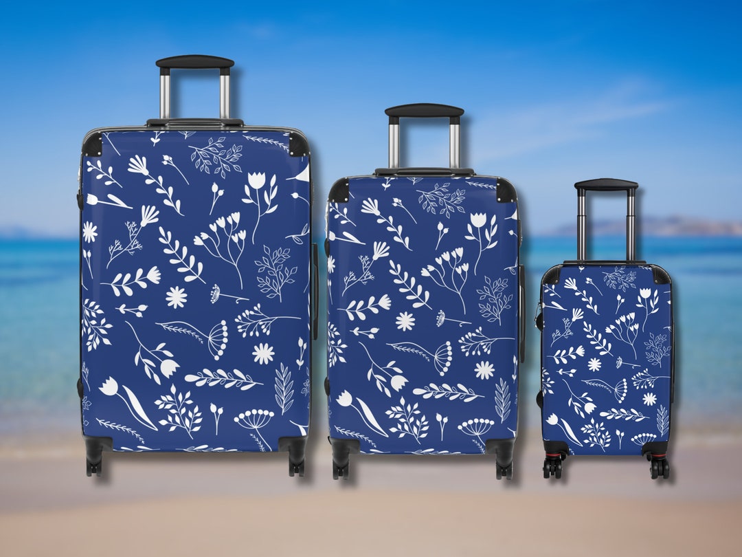 Blue White Suitcase Floral Suitcase Greek Style Luggage Blue Carry On ...