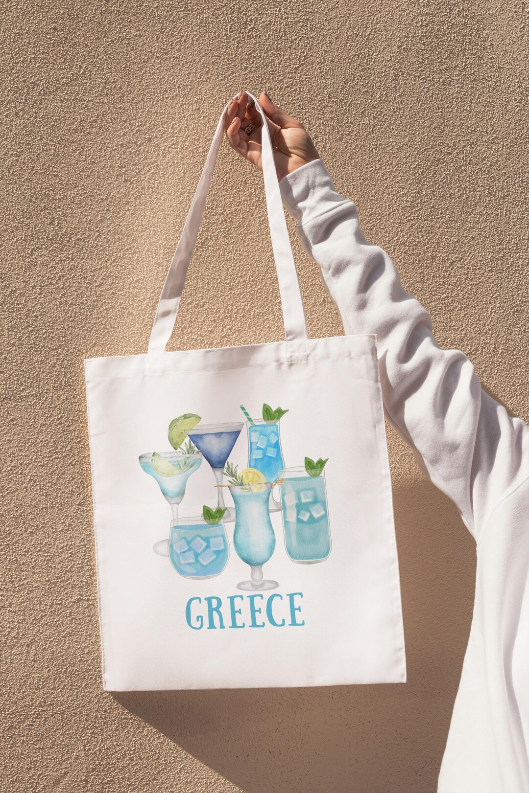 Greece Tote Bag: Cotton Canvas, Blue Cocktail Design - Etsy