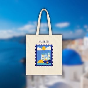 Santorini Tote Bag: Greek Island Cotton Canvas Kalimera Gift - Etsy