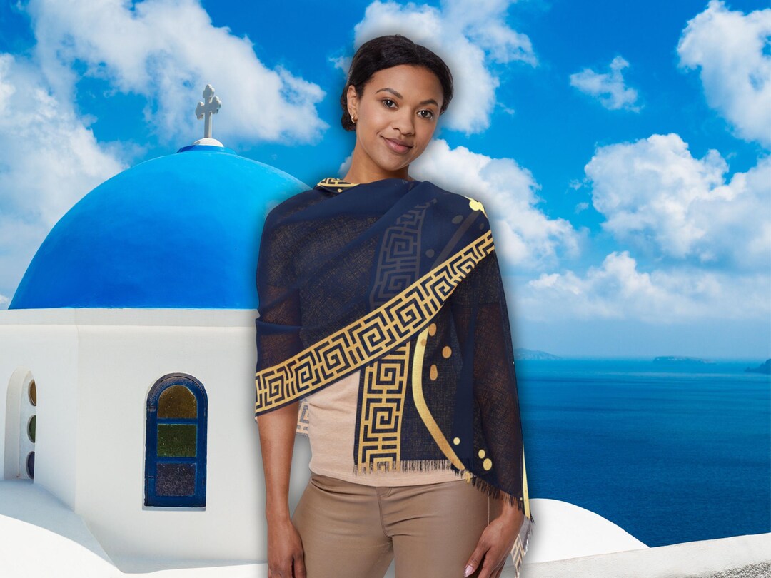 Long Scarf Blue With Gold Details and Greek Key Pattern, Greek Scarf ...
