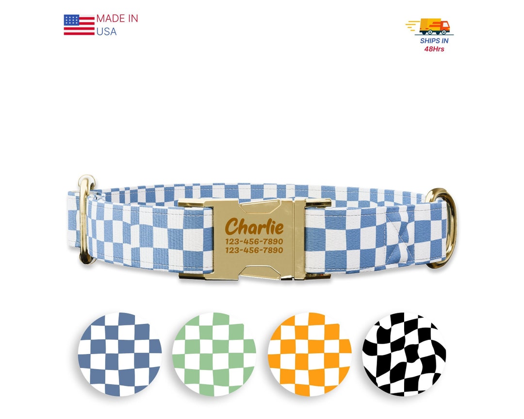 Blue Checkers Dog Collar W/ Metal Buckle, HAND MADE, Personalized ...