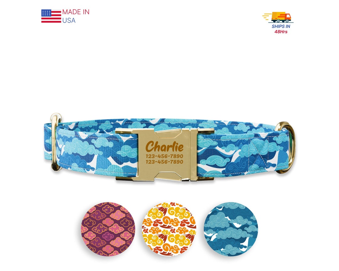 Blue Clouds Style Dog Collar W/ Metal Buckle, HAND MADE, Personalized ...