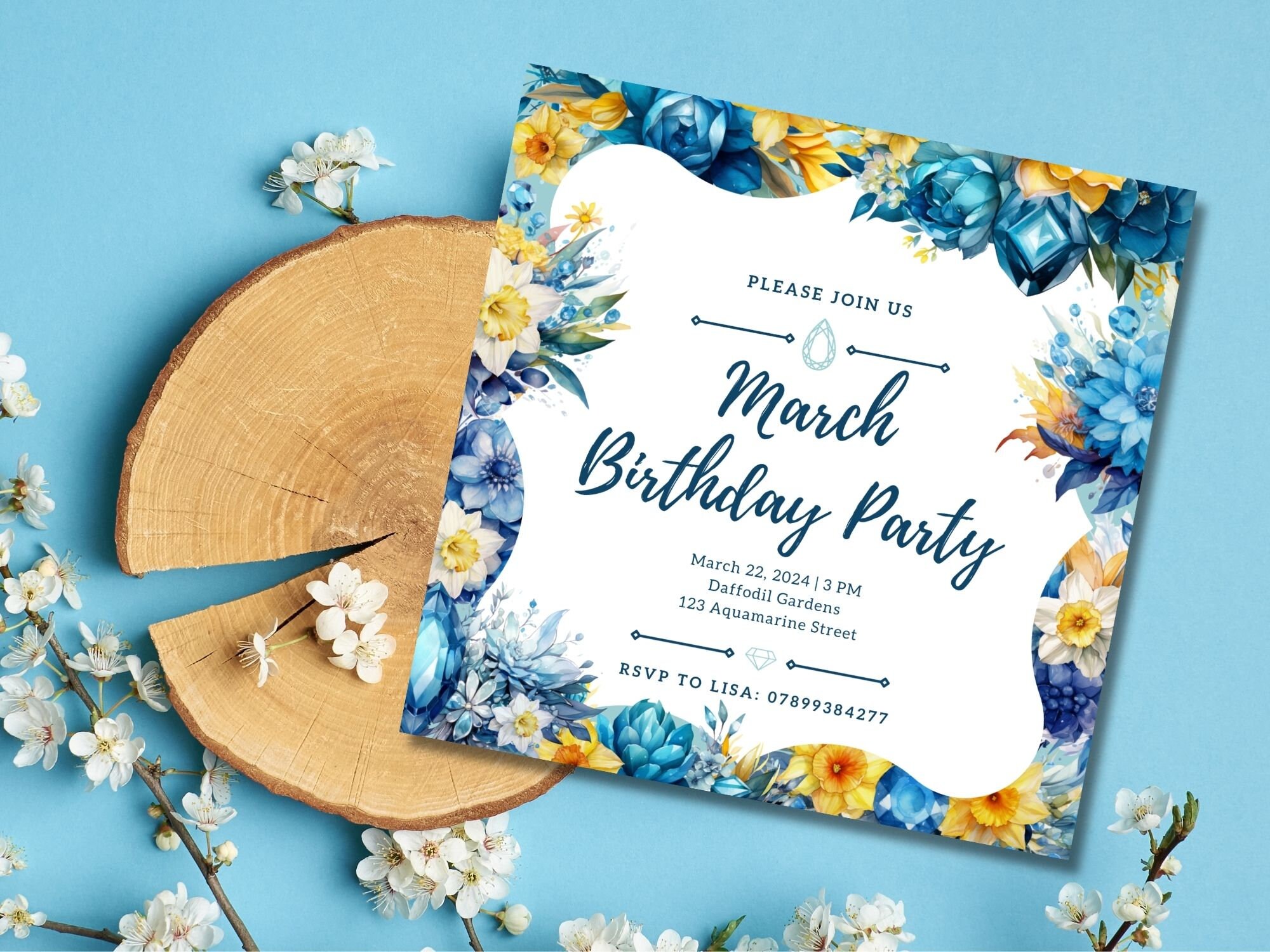 MARCH Birthday Party Invitation Template, Aquamarine & Daffodil ...