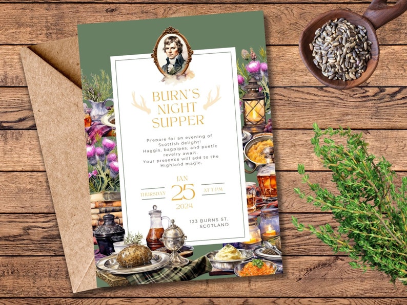Burn's Night Supper Invitation Template, Scottish Party Invite and Menu ...