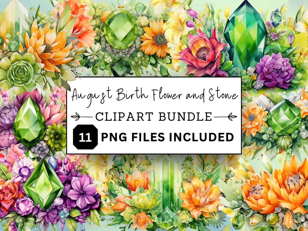 AUGUST Birth Month Flowers AND Stones Clipart Bundle, Watercolour, Png ...