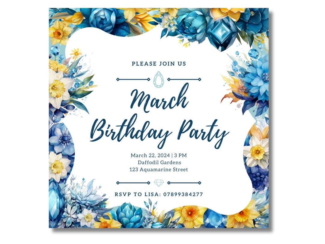 MARCH Birthday Party Invitation Template, Aquamarine & Daffodil ...