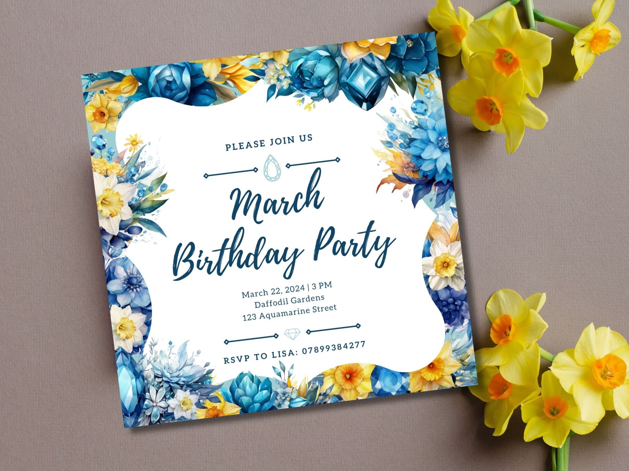 MARCH Birthday Party Invitation Template, Aquamarine & Daffodil ...