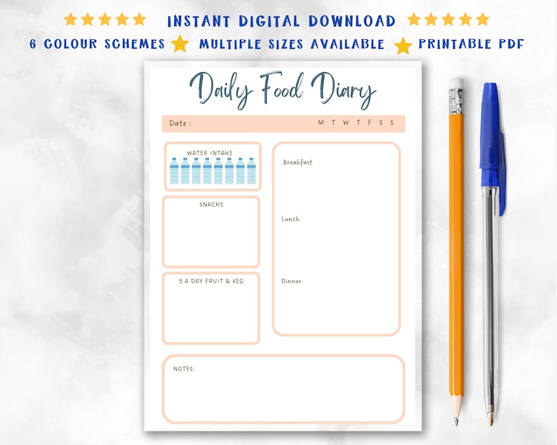 Daily Food Diary Printable, Food Journal, Water Intake, Meal Journal ...
