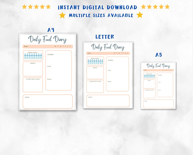 Daily Food Diary Printable, Food Journal, Water Intake, Meal Journal ...