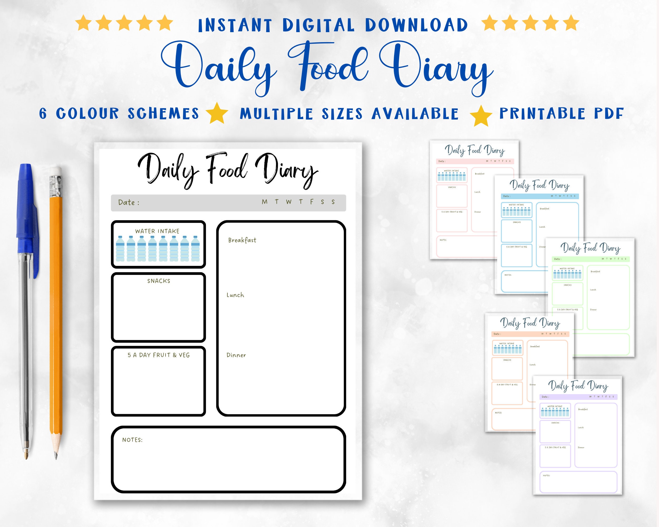 Daily Food Diary Printable, Food Journal, Water Intake, Meal Journal ...