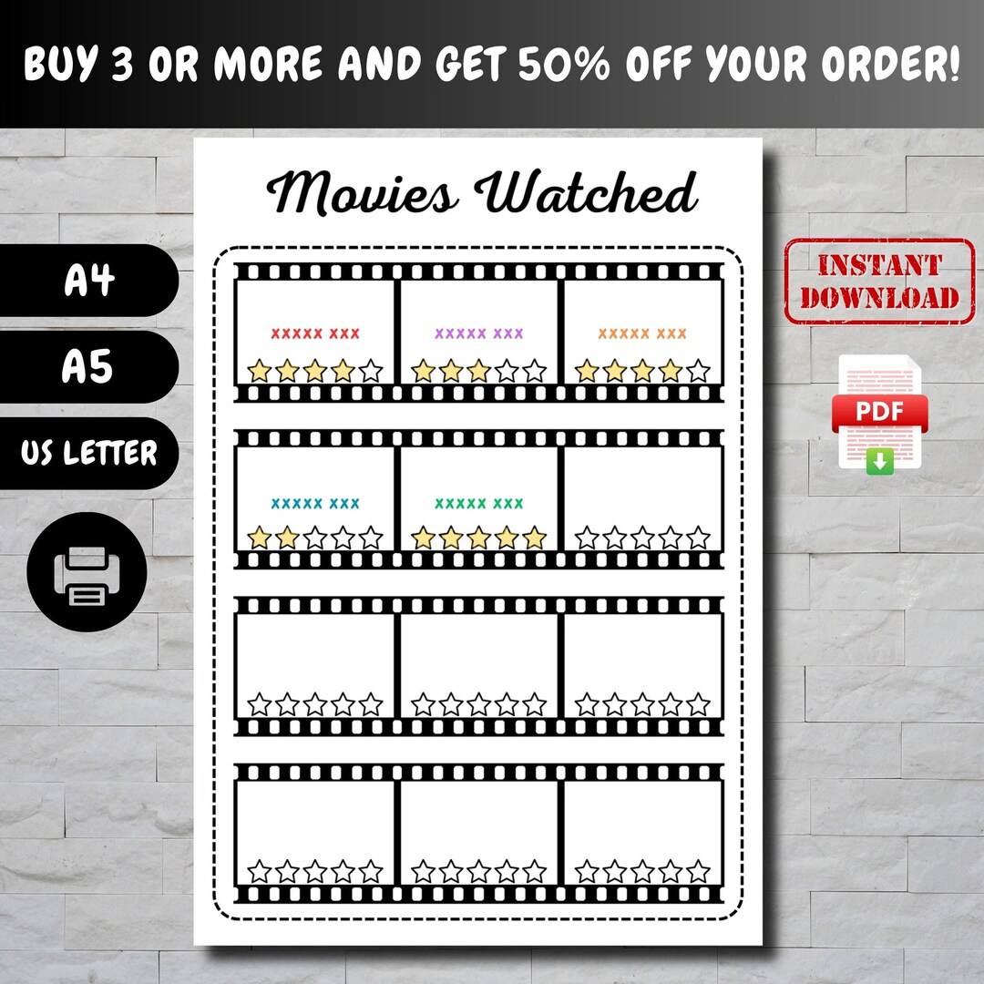 Monthly Movie Tracker, Printable Tracker, Movie Tracker Journal, A5 ...